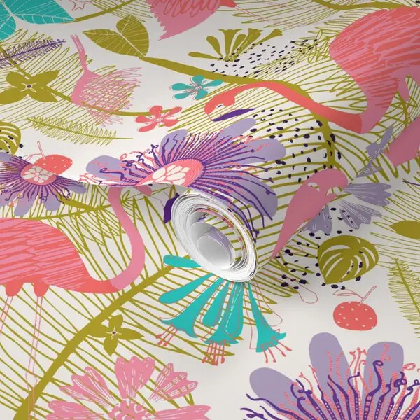 Spoonflower Florida Flamingo Tropical Floral Mod Modern Custom Removable Wallpaper - Pink,teal,brown
