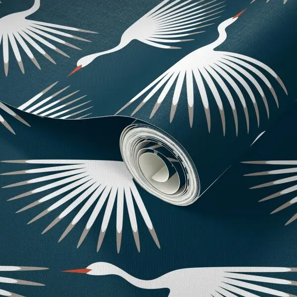 Spoonflower Art Deco Cranes Midnight Smaller Custom Pre-pasted Wallpaper - Blue