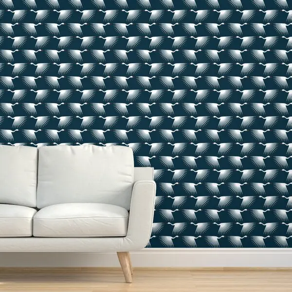 Spoonflower Art Deco Cranes Midnight Smaller Custom Pre-pasted Wallpaper - Blue