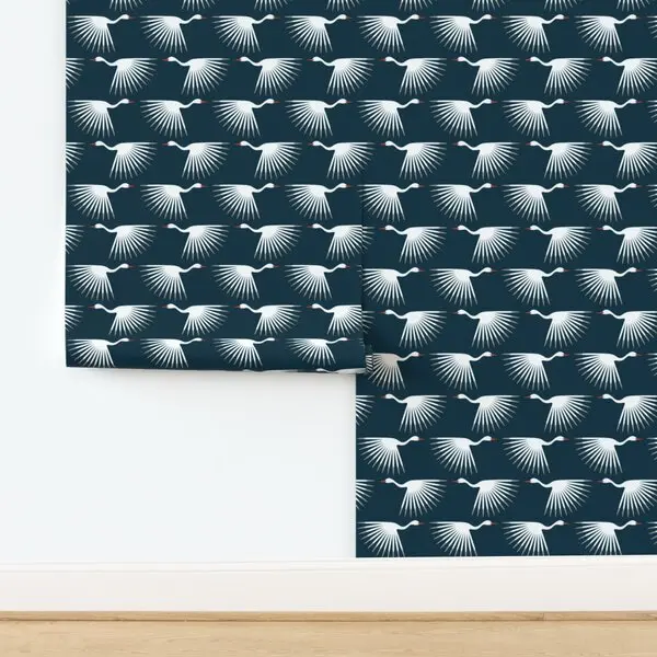 Spoonflower Art Deco Cranes Midnight Smaller Custom Pre-pasted Wallpaper - Blue