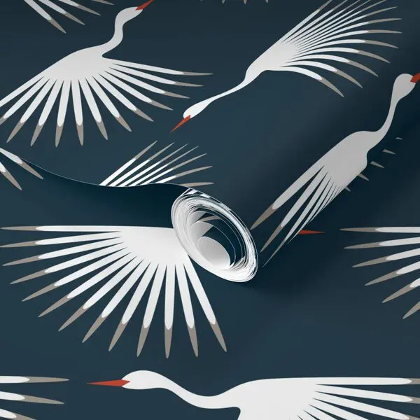 Spoonflower Art Deco Cranes Midnight Smaller Custom Pre-pasted Wallpaper - Blue