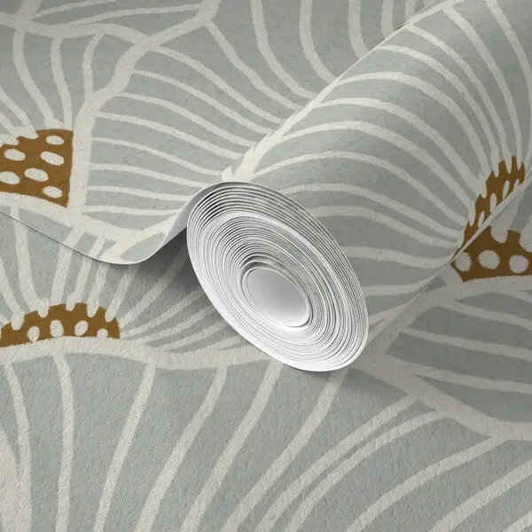 Spoonflower Flowers Petal Geometric Lines Neutral Shells 100% Natural Sisal Grasscloth Wallcovering - Gray
