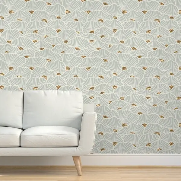 Spoonflower Flowers Petal Geometric Lines Neutral Shells 100% Natural Sisal Grasscloth Wallcovering - Gray