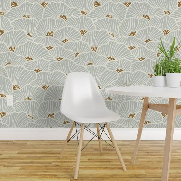 Spoonflower Flowers Petal Geometric Lines Neutral Shells 100% Natural Sisal Grasscloth Wallcovering - Gray
