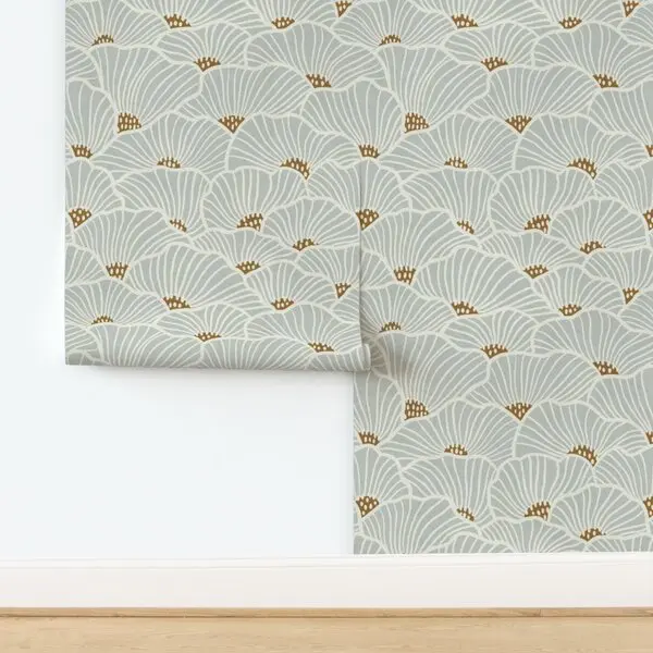 Spoonflower Flowers Petal Geometric Lines Neutral Shells 100% Natural Sisal Grasscloth Wallcovering - Gray