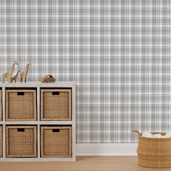 Spoonflower Fall Plaid Grey And White Tartan Little Arrow Custom Removable Wallpaper