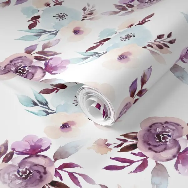 Spoonflower Purple Blue Flower Bouquets White Nature Floral Traditional Wallpaper - Purple,blue,pink
