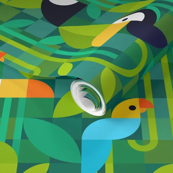 Spoonflower Black Green Bright Birds Animals Squares Custom Pre-pasted Wallpaper - Green,yellow,black