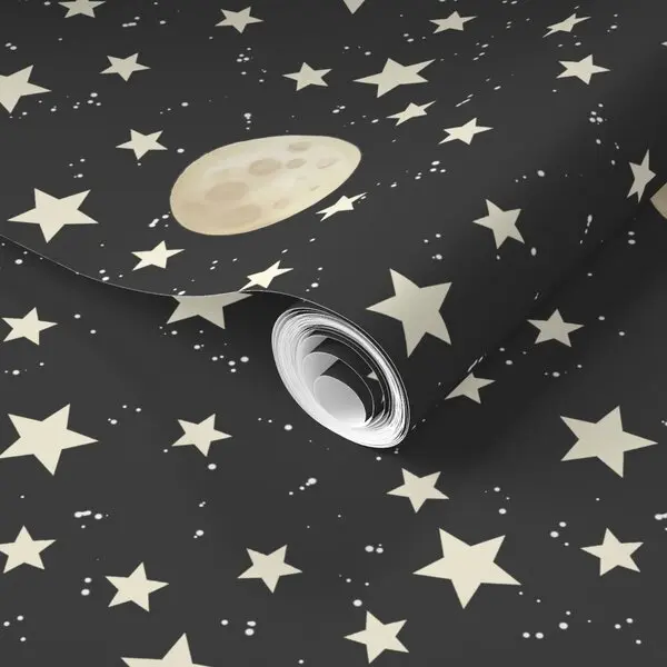 Spoonflower Space Stars Moon Black Night Astronaut Star Custom Pre-pasted Wallpaper - Black,white,gray