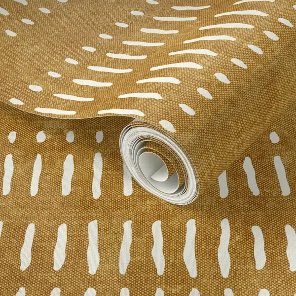 Spoonflower Dot Dash Stripes Mustard Gold Weathered Look Custom Pre-pasted Wallpaper - Gold,beige,brown