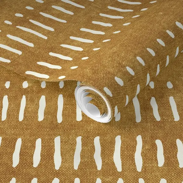 Spoonflower Dot Dash Stripes Mustard Gold Weathered Look Custom Pre-pasted Wallpaper - Gold,beige,brown