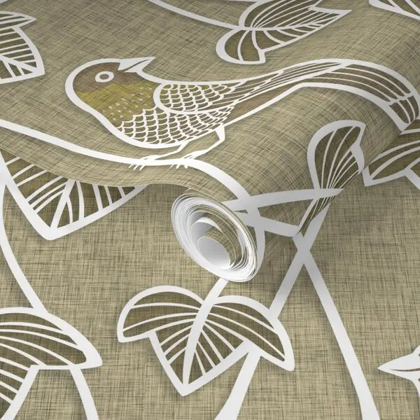 Spoonflower Bird Yellow Teal Birds Gold Custom Pre-pasted Wallpaper - Beige,white,green
