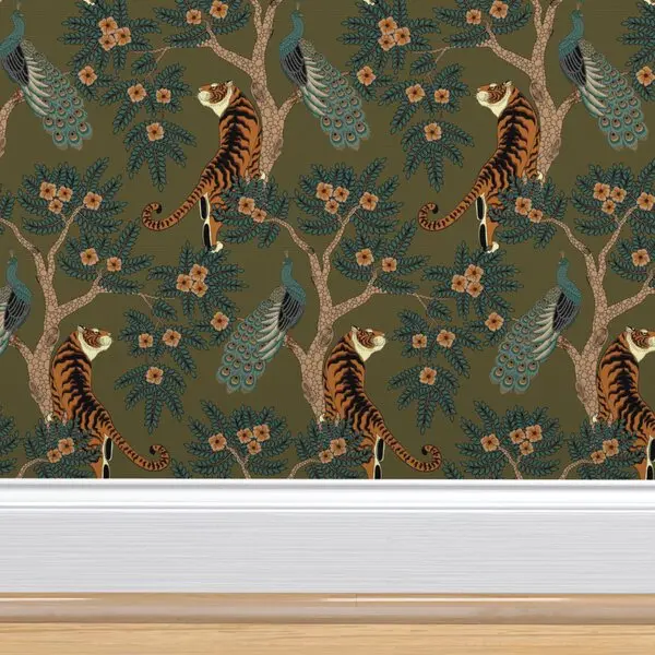 Spoonflower Tiger And Peacock Olive Large Scale 100% Natural Sisal Grasscloth Wallcovering