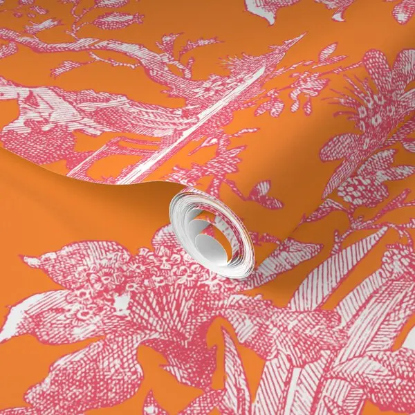 Spoonflower Bright Orangechinoiserie Toile Pink Vibrant Chic Custom Pre-pasted Wallpaper - Orange,pink,red