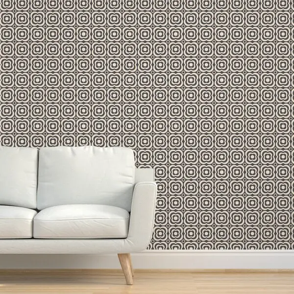 Spoonflower 70s Black And White Flower Power Medium 100% Natural Sisal Grasscloth Wallcovering - Black,white