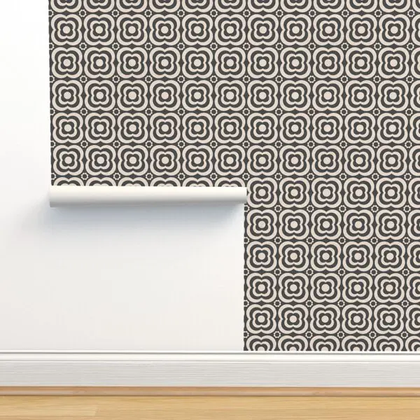 Spoonflower 70s Black And White Flower Power Medium 100% Natural Sisal Grasscloth Wallcovering - Black,white