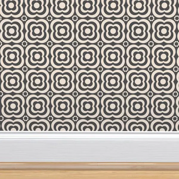 Spoonflower 70s Black And White Flower Power Medium 100% Natural Sisal Grasscloth Wallcovering - Black,white