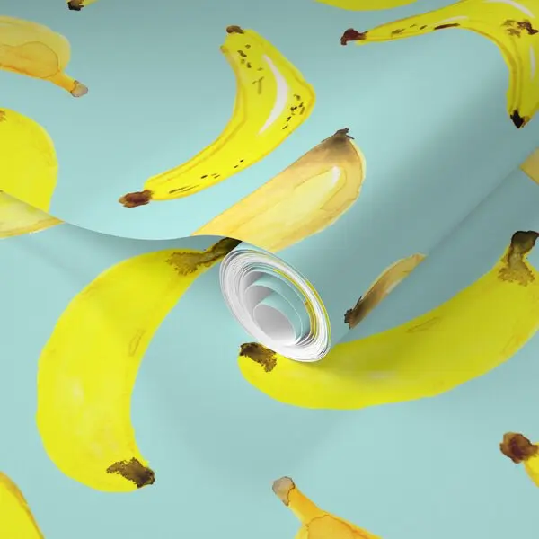 Spoonflower Mint Summer Tropical Banana Watercolor Fruits Traditional Wallpaper - Mint,yellow,green