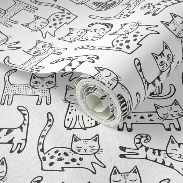 Spoonflower Cats Stripes Black White Cute Animals Cat Custom Removable Wallpaper - Black,white,gray