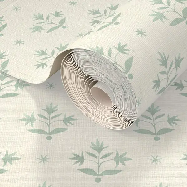 Spoonflower Thistle Stars Celadon And Cream 100% Natural Sisal Grasscloth Wallcovering - Green,beige