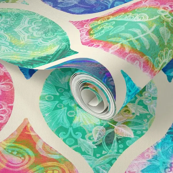 Spoonflower Watercolor Ogee Patchwork Pattern Small Rainbow Custom Pre-pasted Wallpaper - Mint,turquoise,pink