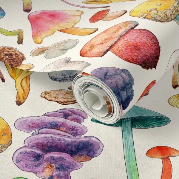 Spoonflower Mushroom Aquarela Nature Colorful Watercolor Custom Pre-pasted Wallpaper - White,pink,gray