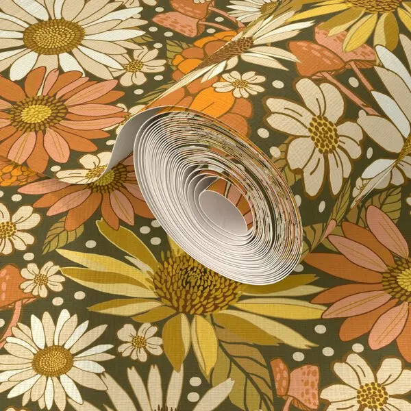 Spoonflower 70s Retro Floral 100% Natural Sisal Grasscloth Wallcovering - Yellow,brown,orange