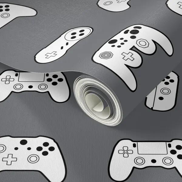 Spoonflower Game Controllers On Gray Custom Removable Wallpaper - Black,white,gray
