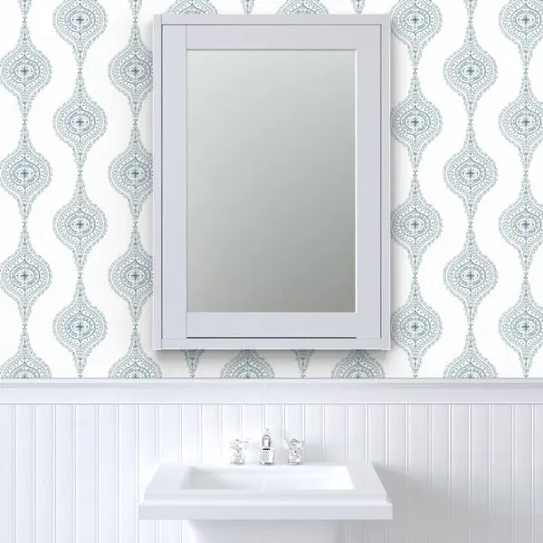 Spoonflower Moroccan Blue White Dusty Drawn Custom Pre-pasted Wallpaper - Blue,gray