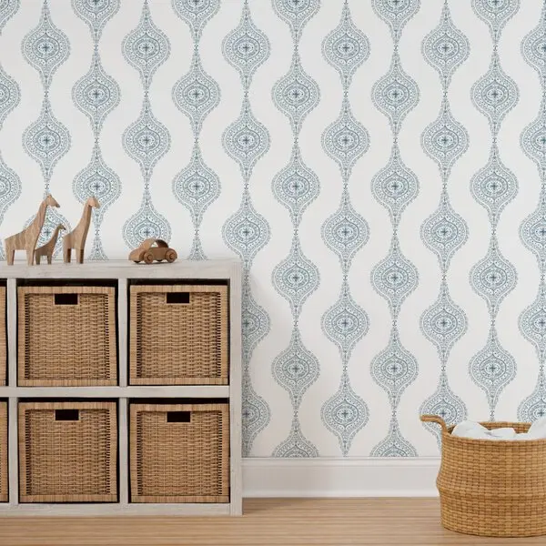 Spoonflower Moroccan Blue White Dusty Drawn Custom Pre-pasted Wallpaper - Blue,gray