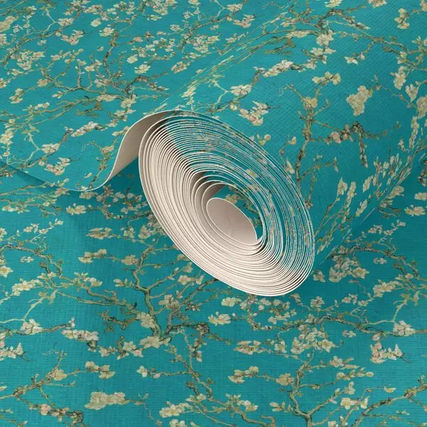 Spoonflower Tiny Vincent Van Gogh Almond Blossom On Teal Blue 100% Natural Sisal Grasscloth Wallcovering - Teal,blue