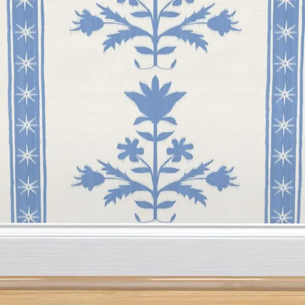 Spoonflower Tulip Indienne Stripe Cornflower White 100% Natural Sisal Grasscloth Wallcovering - Blue