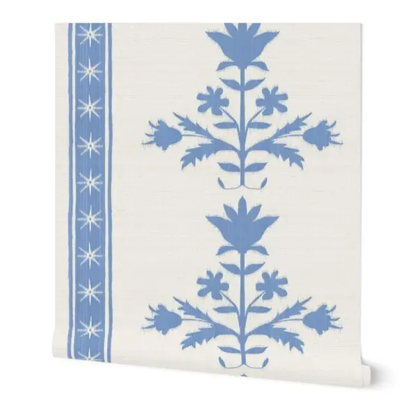 Spoonflower Tulip Indienne Stripe Cornflower White 100% Natural Sisal Grasscloth Wallcovering - Blue