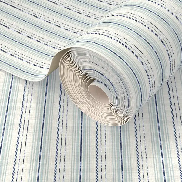 Spoonflower Toulouse French Ticking ~ Blue And White Vow 100% Natural Sisal Grasscloth Wallcovering - Blue,white