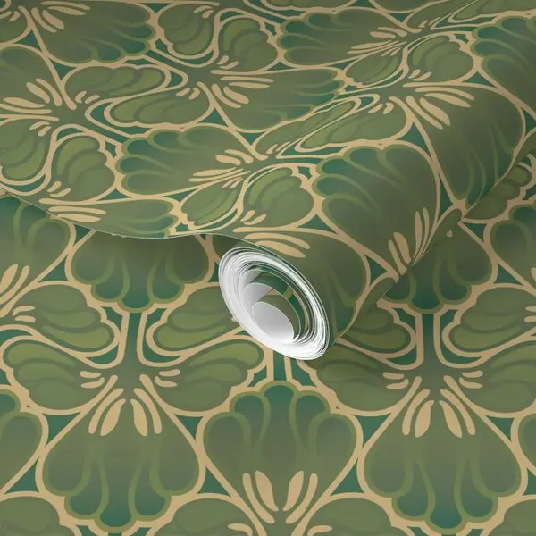 Spoonflower Art Nouveau Camo Fantasy Camouflage Green Olive Custom Pre-pasted Wallpaper - Green,beige