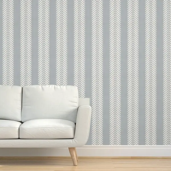 Spoonflower Laurel Leaf Quiet And White 100% Natural Sisal Grasscloth Wallcovering - Blue