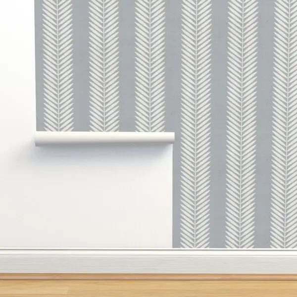 Spoonflower Laurel Leaf Quiet And White 100% Natural Sisal Grasscloth Wallcovering - Blue