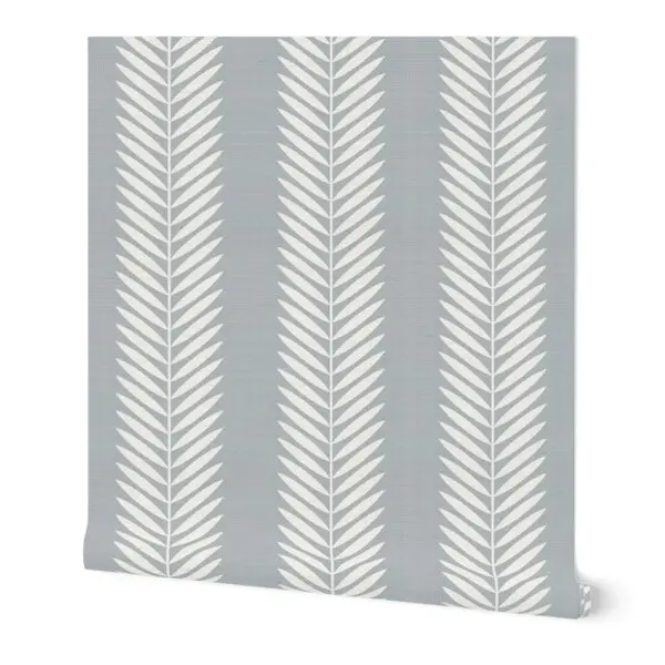 Spoonflower Laurel Leaf Quiet And White 100% Natural Sisal Grasscloth Wallcovering - Blue