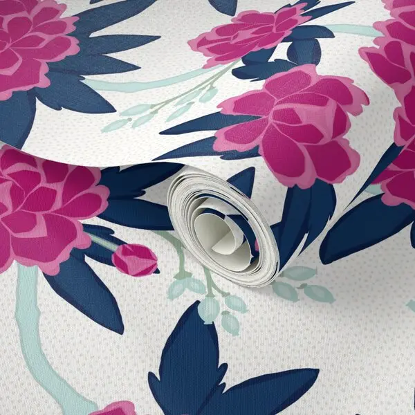 Spoonflower Peonies Paeonia Navy Magenta Floral Chinoiserie Custom Removable Wallpaper - Blue,green,pink