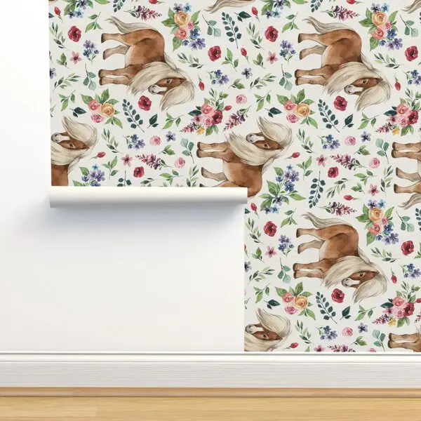 Spoonflower Floral Pony 100% Natural Sisal Grasscloth Wallcovering