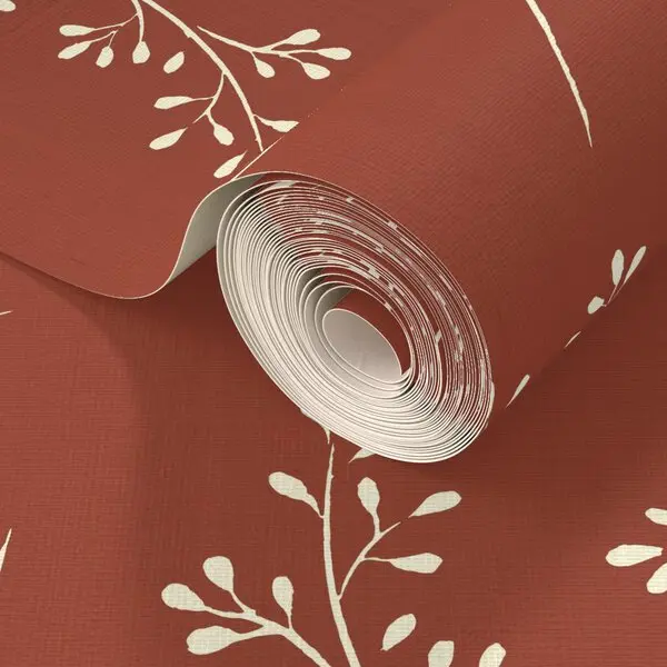 Spoonflower Cotswold Sprig Rust Fern 100% Natural Sisal Grasscloth Wallcovering - Red