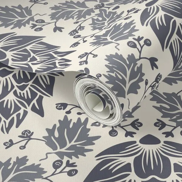 Spoonflower Antique Toile Drink Navy Blue Alcohol Cave Custom Pre-pasted Wallpaper - Gray