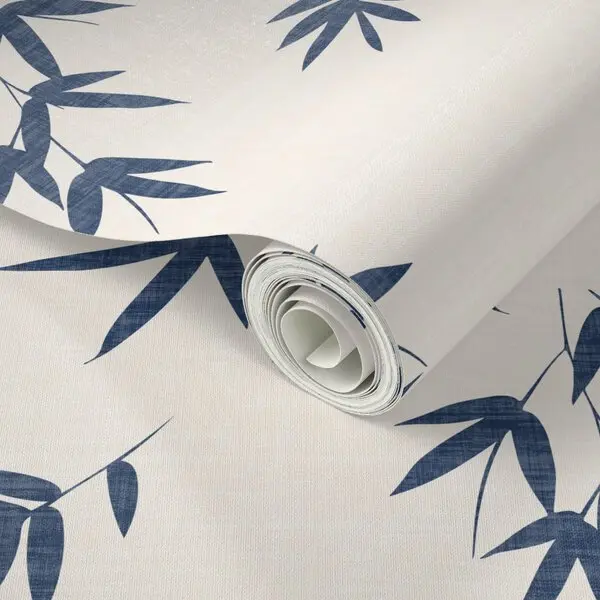 Spoonflower Botanical Minimalist Japanese Plants Blue On Off Traditional Wallpaper - Beige,blue,gray