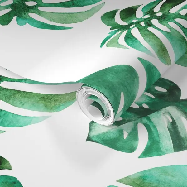Spoonflower Leaves Monstera Leaf Tropical Beach Jungle Traditional Wallpaper - Green