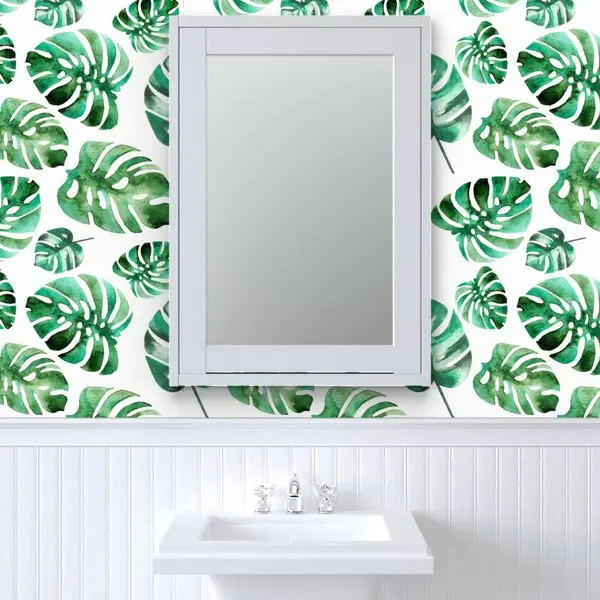 Spoonflower Leaves Monstera Leaf Tropical Beach Jungle Traditional Wallpaper