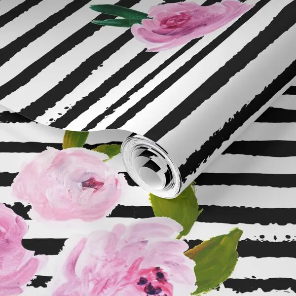 Spoonflower Dark Gray Beauty Black Stripes White Floral Traditional Wallpaper - Black,pink,white