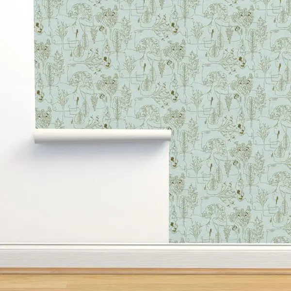 Spoonflower Tree Line Duck Egg Med 100% Natural Sisal Grasscloth Wallcovering - Blue