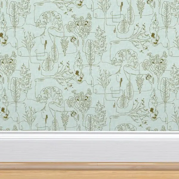 Spoonflower Tree Line Duck Egg Med 100% Natural Sisal Grasscloth Wallcovering - Blue