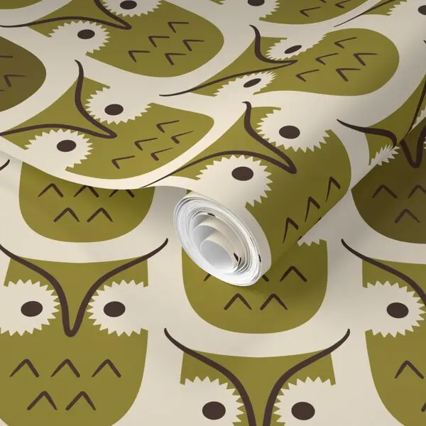 Spoonflower Cream Green Chartreuse Nature Retro Birds Woodland Traditional Wallpaper - Green,beige,brown