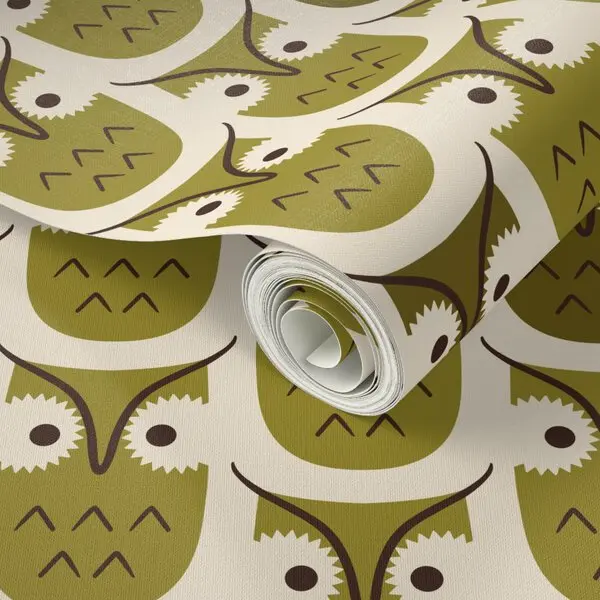 Spoonflower Cream Green Chartreuse Nature Retro Birds Woodland Traditional Wallpaper - Green,beige,brown